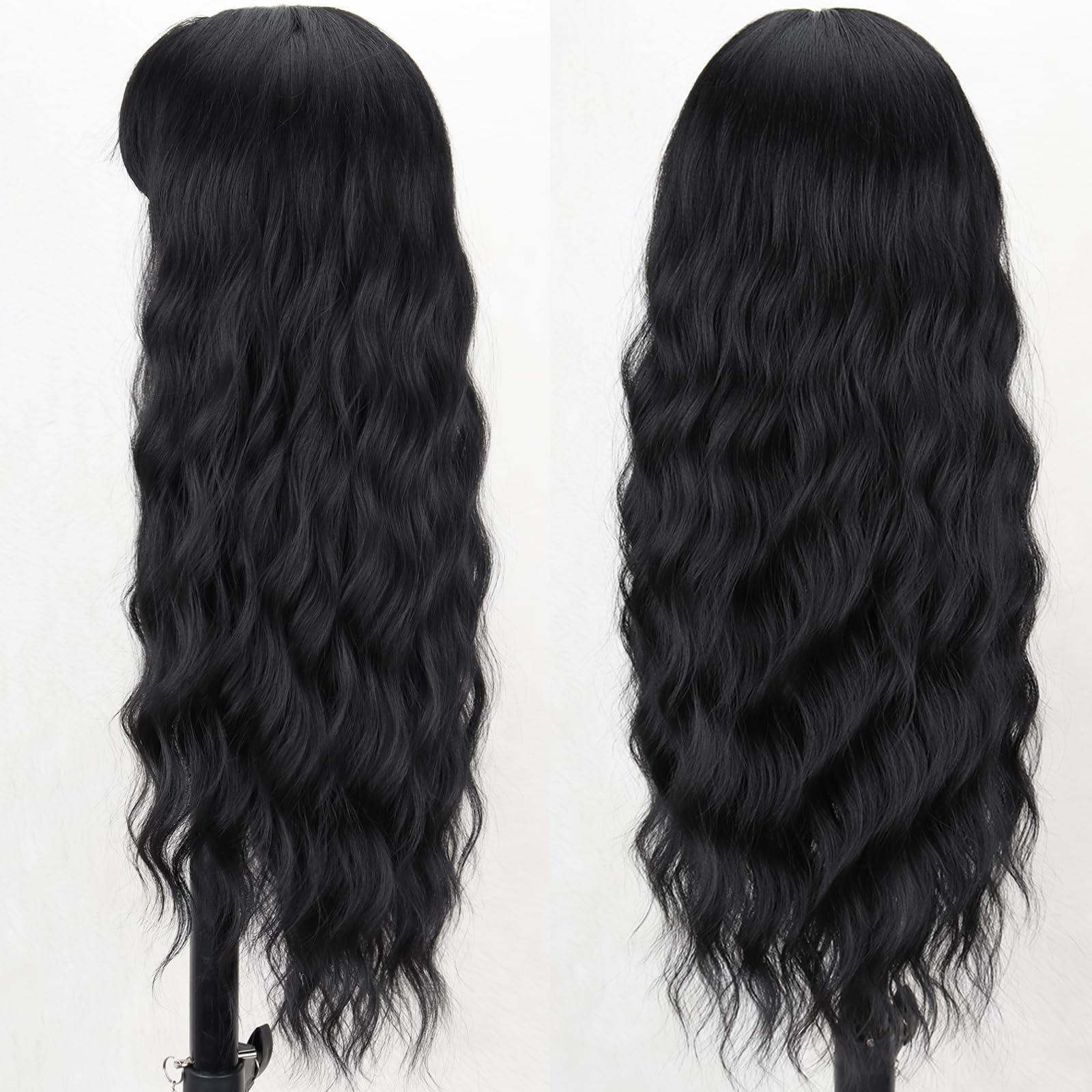 MERISIHAIR Long Black Wig with Bangs,26 Inches Synthetic Wavy Bang Black Wigs for Women, Women Long Curly Heat Resistant Black Hair Wig,Cosplay Selena Black Wig