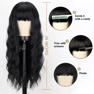 MERISIHAIR Long Black Wig with Bangs,26 Inches Synthetic Wavy Bang Black Wigs for Women, Women Long Curly Heat Resistant Black Hair Wig,Cosplay Selena Black Wig