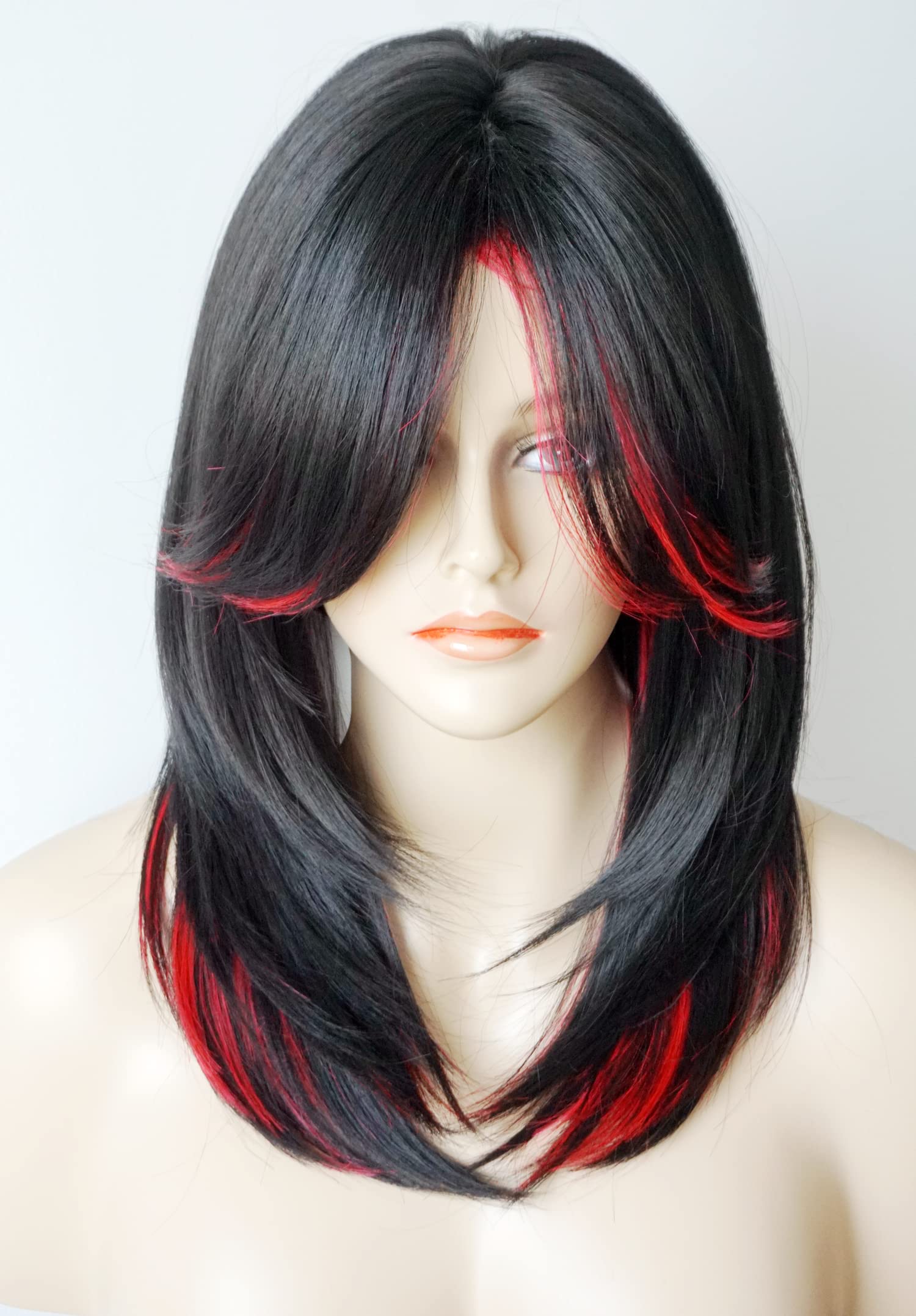 Medium Length Layered Wigs Black with Red Highlights wigs Layered wig with bangs Synthetic wig Highlight for white Women (Black with red)