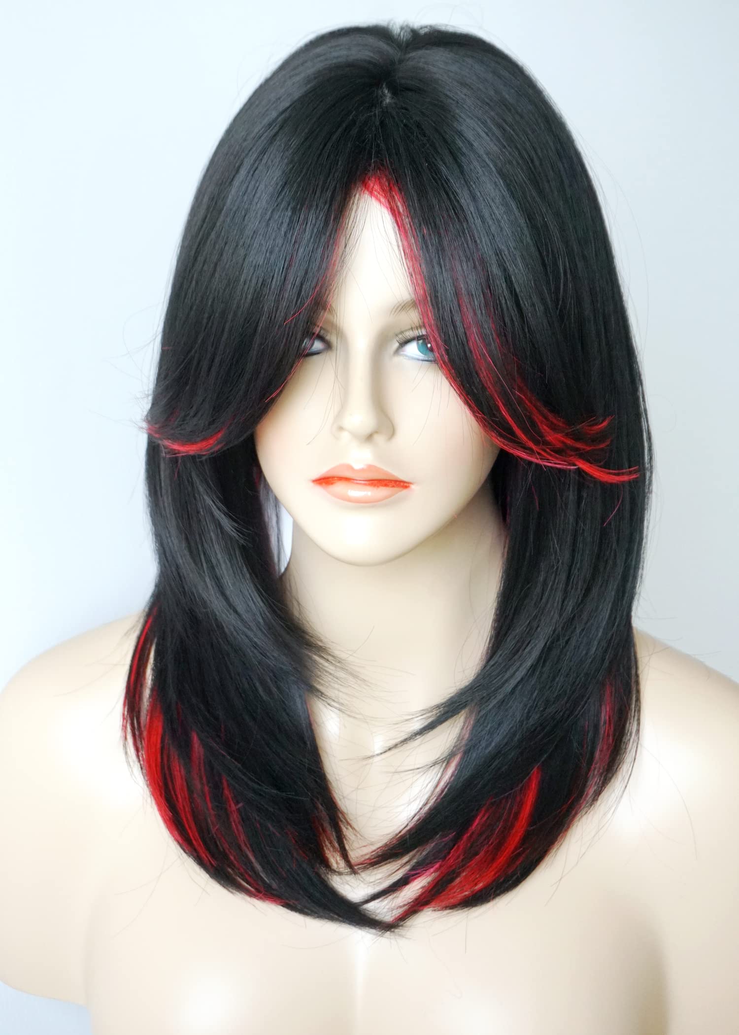 Medium Length Layered Wigs Black with Red Highlights wigs Layered wig with bangs Synthetic wig Highlight for white Women (Black with red)