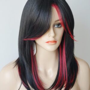 Medium Length Layered Wigs Black with Red Highlights wigs Layered wig with bangs Synthetic wig Highlight for white Women (Black with red)