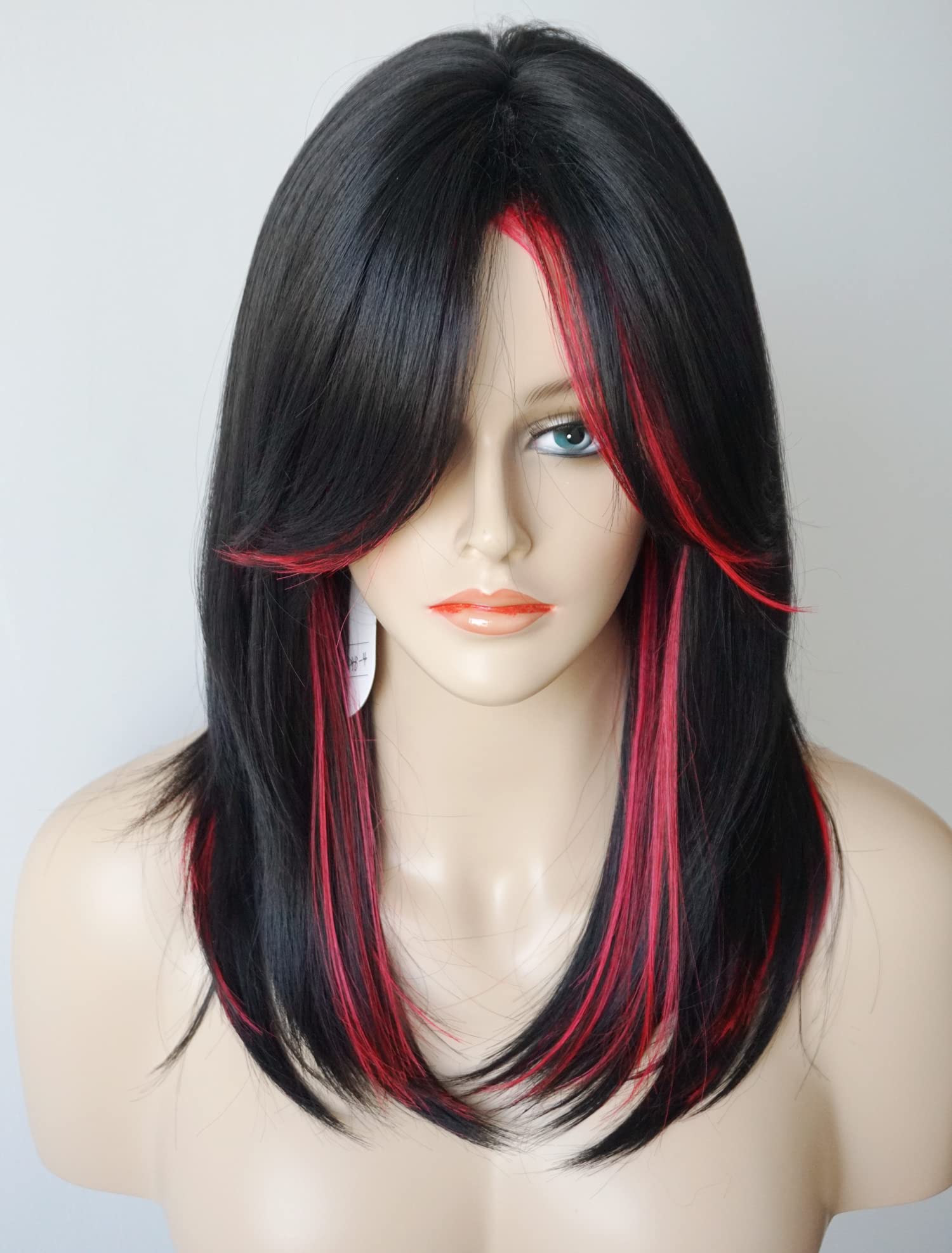 Medium Length Layered Wigs Black with Red Highlights wigs Layered wig with bangs Synthetic wig Highlight for white Women (Black with red)