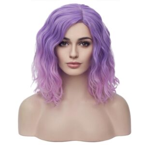 beron 14" women girls short curly bob wavy ombre pink wig body wave daily hair wigs (light purple to pink)