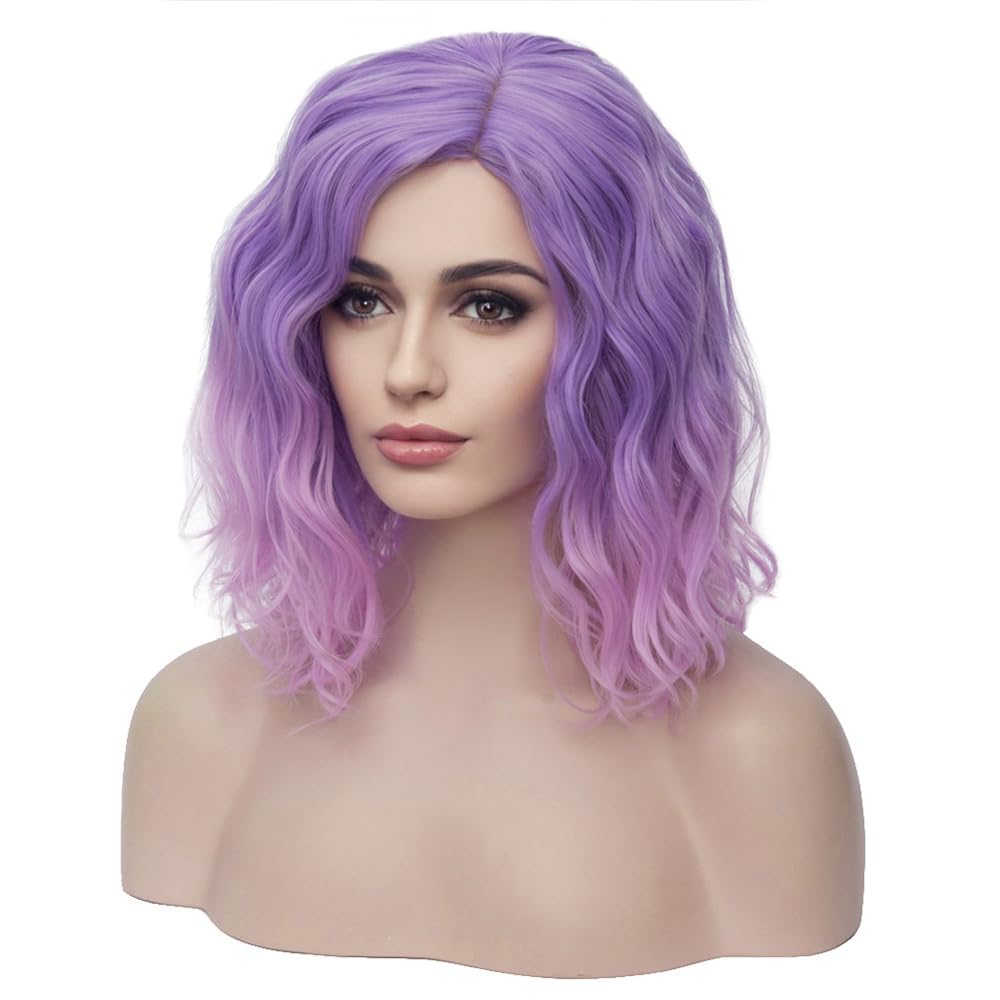 BERON 14" Women Girls Short Curly Bob Wavy Ombre Pink Wig Body Wave Daily Hair Wigs (Light Purple to Pink)