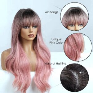 ISHINE Pink Wigs for Women, Long Wavy Curly Wigs, No Lace Colored Wigs with Bangs, Ombre Black to Pink Wig, Synthetic Wigs for Daily Cosplay Party Replacement 24inch