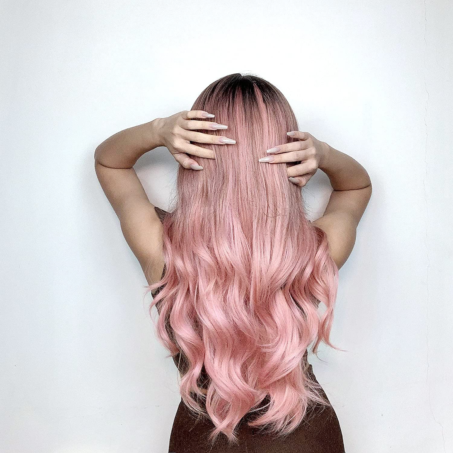 ISHINE Pink Wigs for Women, Long Wavy Curly Wigs, No Lace Colored Wigs with Bangs, Ombre Black to Pink Wig, Synthetic Wigs for Daily Cosplay Party Replacement 24inch