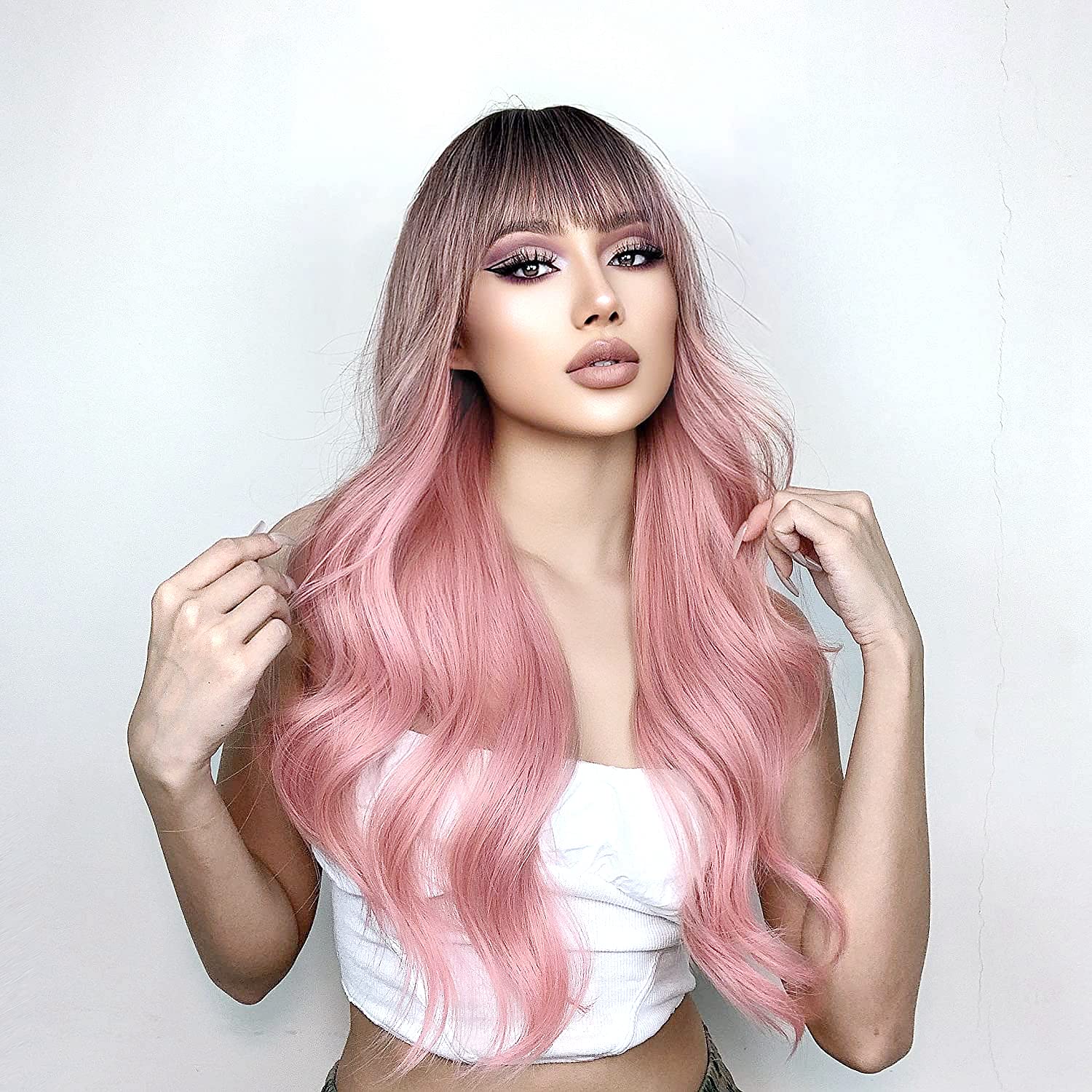 ISHINE Pink Wigs for Women, Long Wavy Curly Wigs, No Lace Colored Wigs with Bangs, Ombre Black to Pink Wig, Synthetic Wigs for Daily Cosplay Party Replacement 24inch