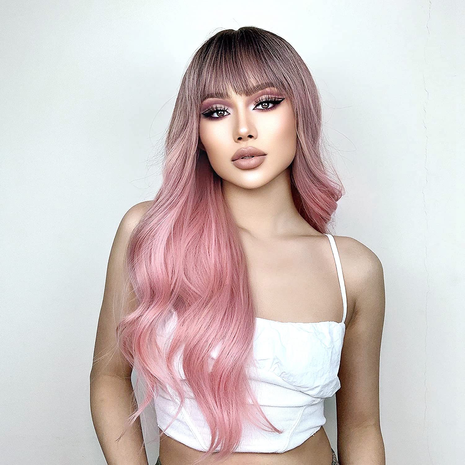 ISHINE Pink Wigs for Women, Long Wavy Curly Wigs, No Lace Colored Wigs with Bangs, Ombre Black to Pink Wig, Synthetic Wigs for Daily Cosplay Party Replacement 24inch