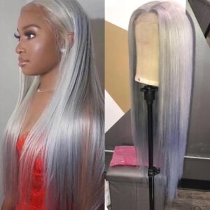 lovestory long straight synthetic lace front wigs heat resistant gray wig natural hair wig for women 180 density 22-24 inch