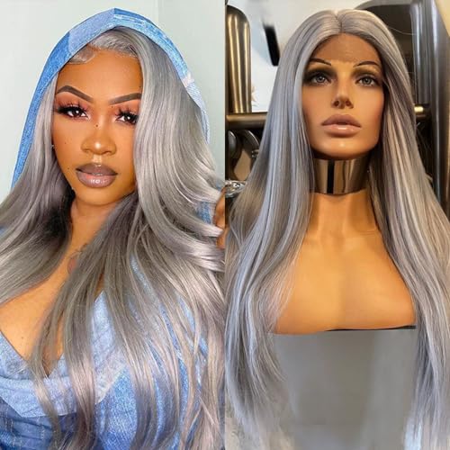 Lovestory Long Straight Synthetic Lace Front Wigs Heat Resistant Gray Wig Natural Hair Wig For Women 180 Density 22-24 inch