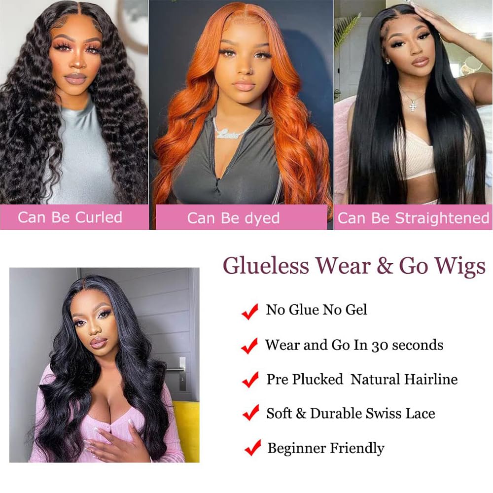 UTracycoy Glueless Wigs Human Hair Pre Plucked, Wear and Go Body Wave No Glue Pre Cut HD 4x4 Lace Closure Front Wigs for Beginners, Black Women, 22 Inches