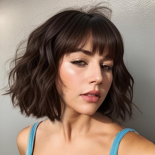 AISI HAIR Dark Brown Wigs for Women Short Wavy Bob Wig with Bangs for Women Synthetic Short Curly Wave Wigs Heat Resistant Fiber Hair Wigs for Daily