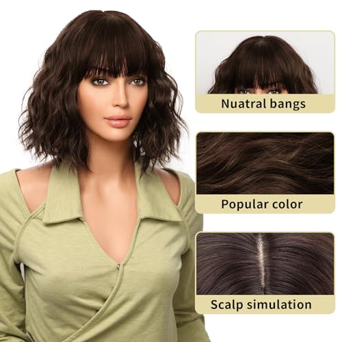 AISI HAIR Dark Brown Wigs for Women Short Wavy Bob Wig with Bangs for Women Synthetic Short Curly Wave Wigs Heat Resistant Fiber Hair Wigs for Daily