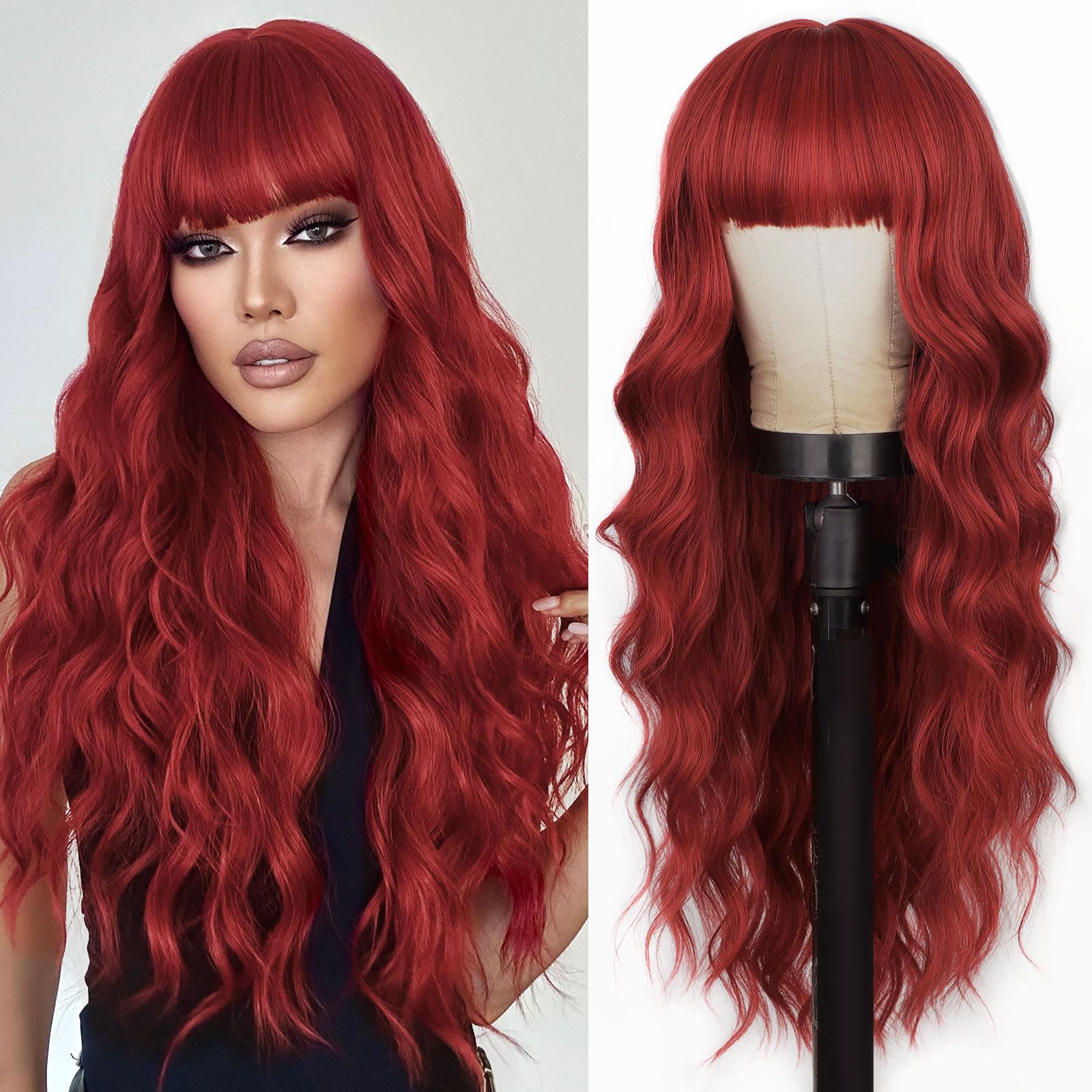 Lativ Red Wig With Bangs Long Red Wigs for Women 26 Inches Curly Wavy Hair Natural Looking Heat Resistant Fiber Wig for Girls Halloween Party Use