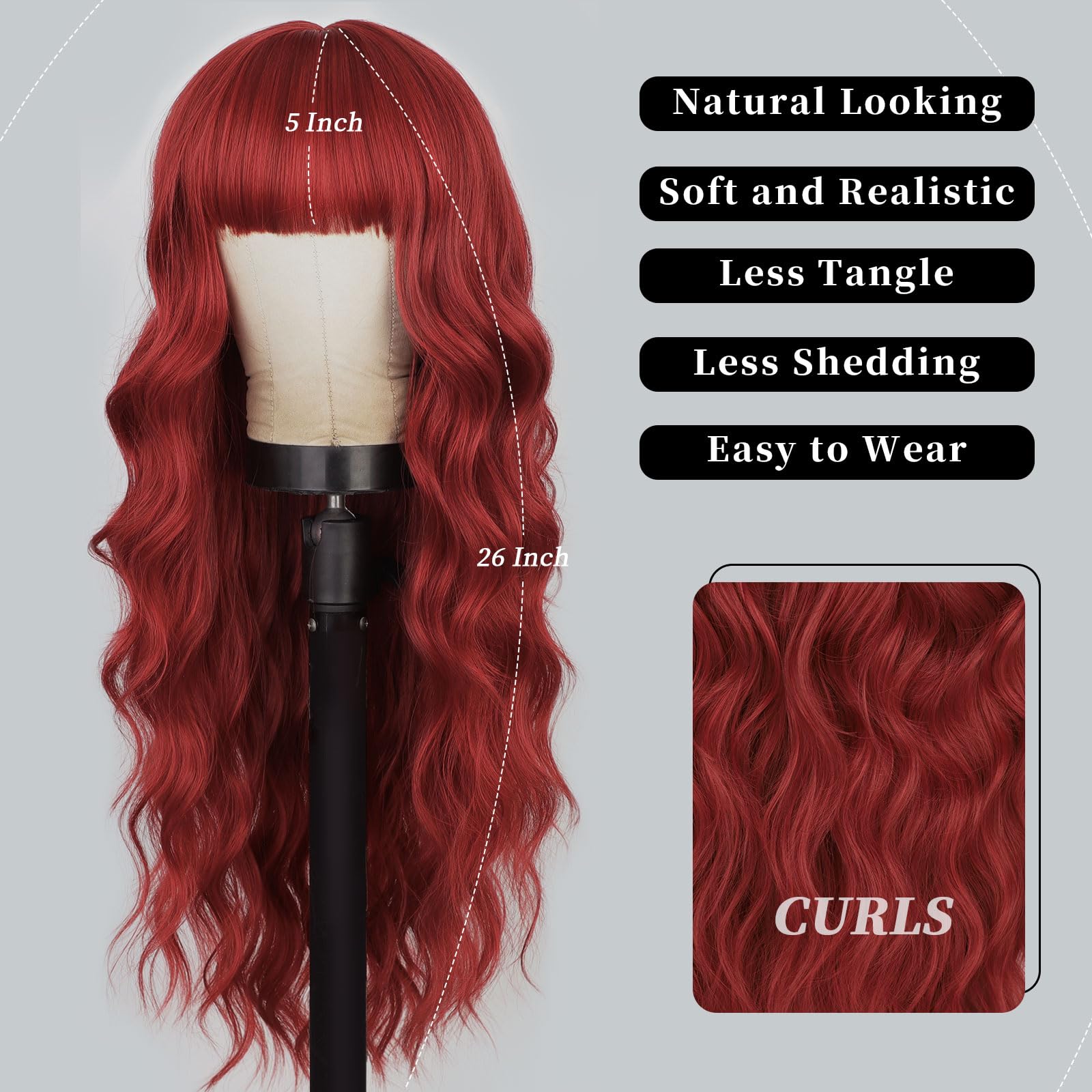 Lativ Red Wig With Bangs Long Red Wigs for Women 26 Inches Curly Wavy Hair Natural Looking Heat Resistant Fiber Wig for Girls Halloween Party Use