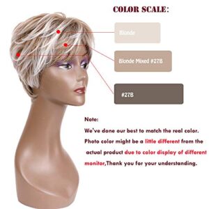 QUEENTAS Pixie Layered Short Blonde Wigs for White Women Black Women Synthetic Hair (Blonde Mixed Brown)