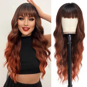 nayoo long auburn wigs with bangs for women curly wavy hair wigs heat resistant synthetic fiber wigs for daily party use 26 inches (ombre auburn)