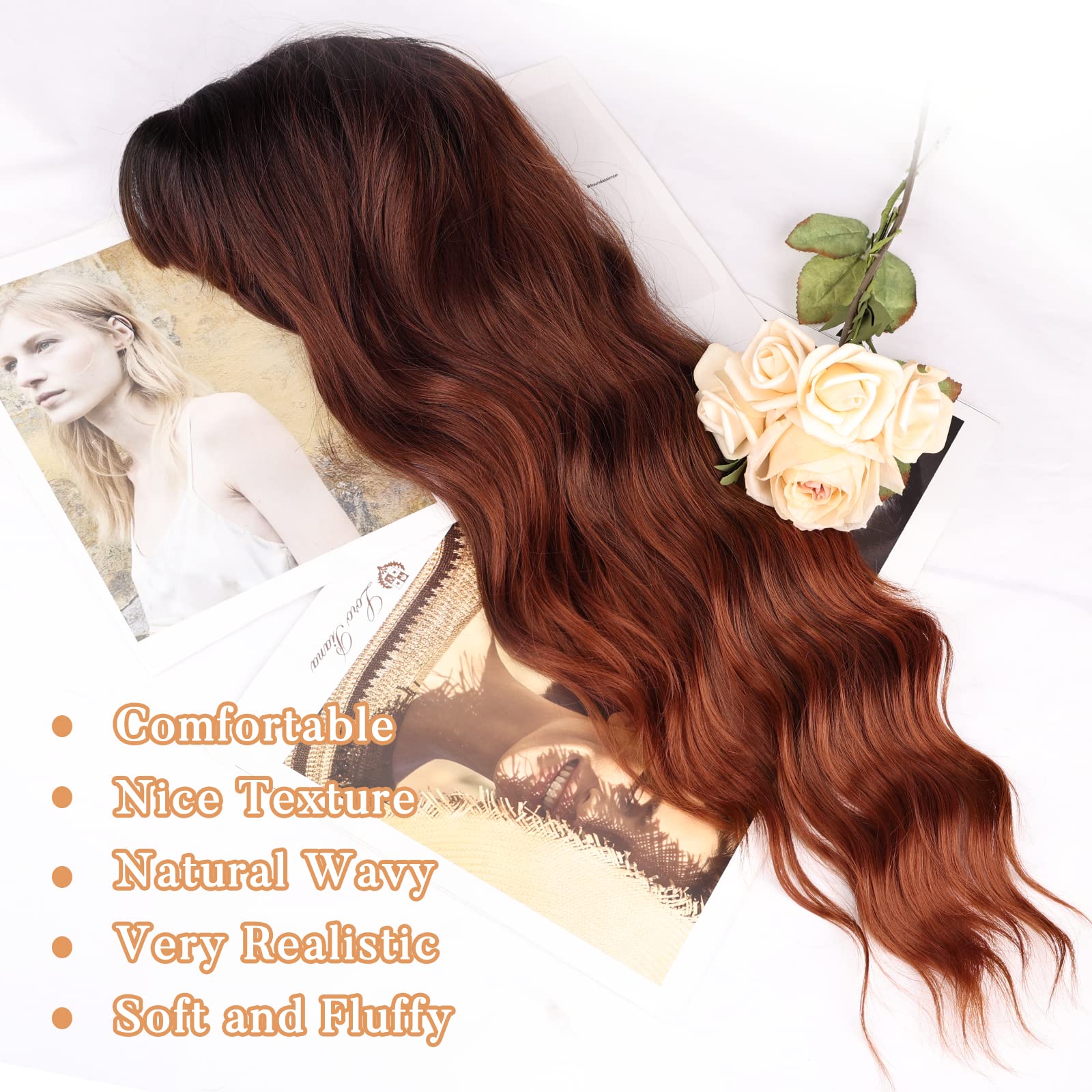 NAYOO Long Auburn Wigs with Bangs for Women Curly Wavy Hair Wigs Heat Resistant Synthetic Fiber Wigs for Daily Party Use 26 Inches (Ombre Auburn)