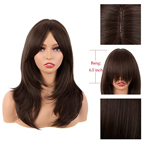 MapofBeauty 20 Inch/50 cm Long Layered With Bangs Straight Synthetic fiber Shoulder Length Hair for Daily Use or Party Wig (Brown)