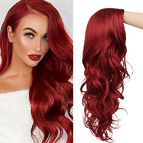 Tseses Red Wigs Long Curly Wavy Wigs for Women Side Part Natural Looking Cosplay Halloween Synthetic Fiber Wig (Red)