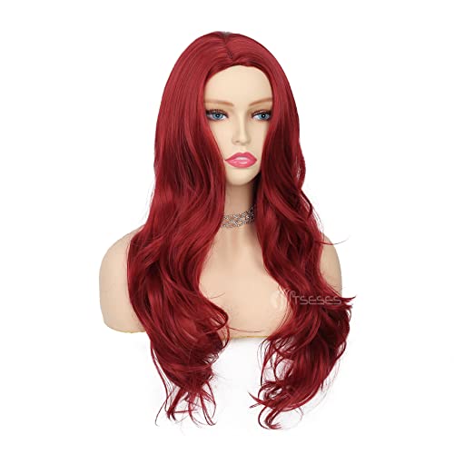 Tseses Red Wigs Long Curly Wavy Wigs for Women Side Part Natural Looking Cosplay Halloween Synthetic Fiber Wig (Red)