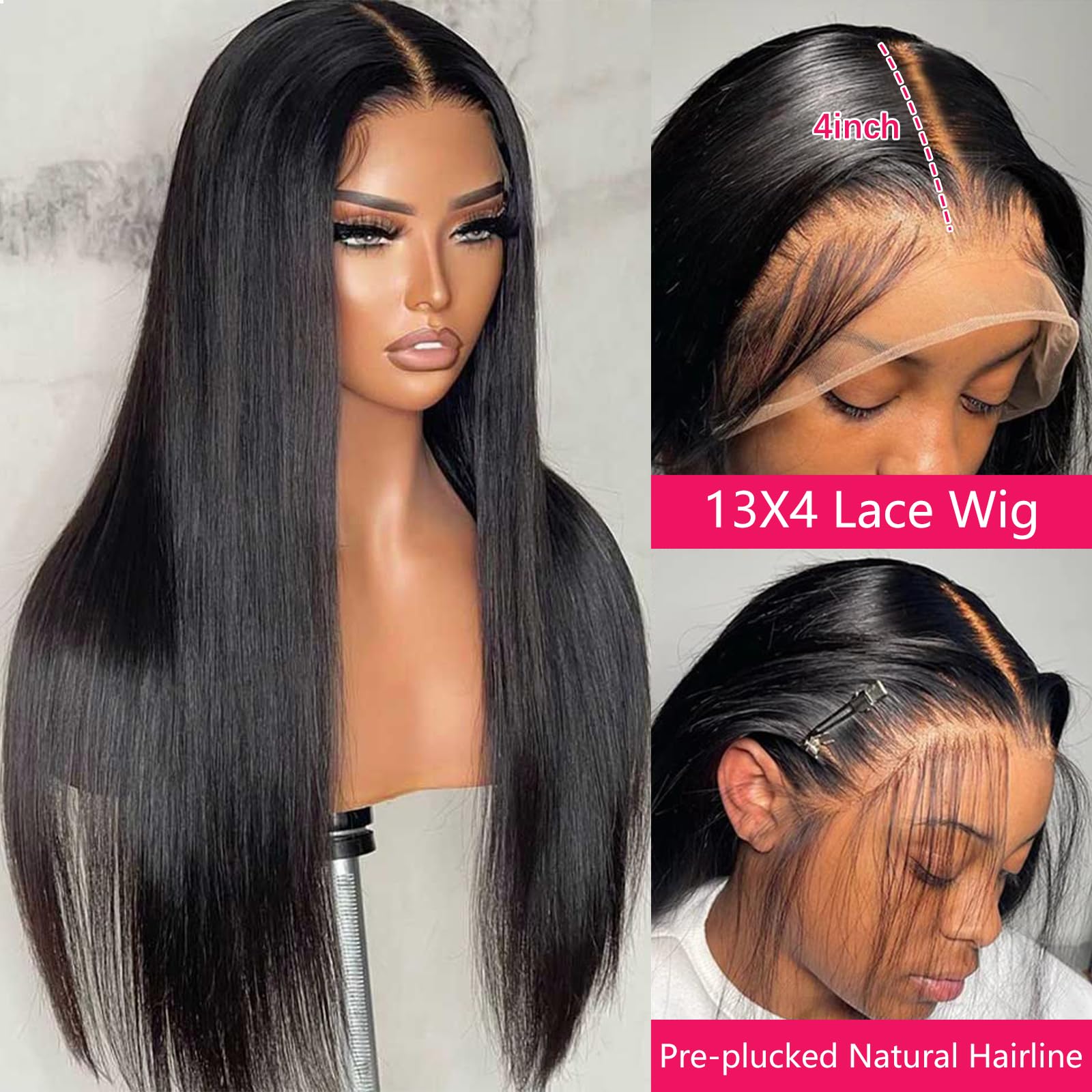 TENACOO 28 Inch Straight Lace Front Wigs 100% Human Hair Pre Plucked Straight Wigs 13x4 Lace Front Wigs Human Hair 180% Density HD Lace Front Wigs with Baby Hair 10A Glueless Lace Frontal Wigs