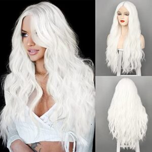 wecan long white wigs for women, 28 inches wavy lace heat synthetic middle part natural looking silky wig for daily use, halloween & cosplay