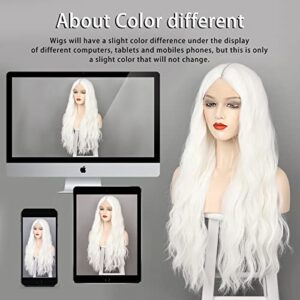 WECAN Long White Wigs for Women, 28 Inches Wavy Lace Heat Synthetic Middle Part Natural Looking Silky Wig for Daily Use, Halloween & Cosplay