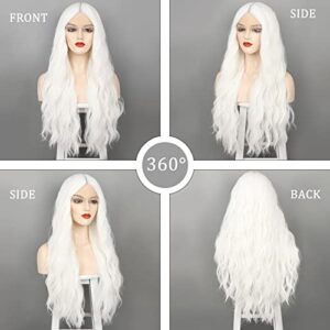 WECAN Long White Wigs for Women, 28 Inches Wavy Lace Heat Synthetic Middle Part Natural Looking Silky Wig for Daily Use, Halloween & Cosplay