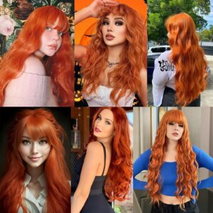 LuxeMelan Ginger Long Wavy Wig with Bangs Ginger Orange Wig 22 Inch Curly Glueless wig Full Machine Wig with Bangs Cosplay Party Bang Wig for Women