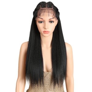 joedir 24" straight yaki free part 13x4 lace frontal wigs with baby hair hight temperature synthetic human hair feeling wigs for black women 180% density wigs black color 200g(1b)