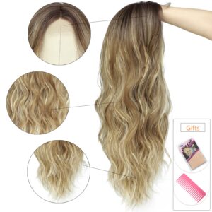 Ombre Blonde Wigs for Women 26 Inch Long Curly Wavy Blonde Wig Natural Looking Lace Middle Part Wig with Dark Root Synthetic Heat Resistant Wigs for Daily Party Use