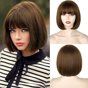 werd short brown bob wig with bangs,brown straight bob wig for women,brown bob wig heat resistant fiber for cospaly velma