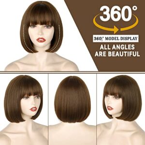 WERD Short Brown Bob Wig with Bangs,Brown Straight Bob Wig for Women,Brown Bob Wig Heat Resistant Fiber for Cospaly Velma