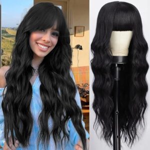 aisi queens black wig with bangs, long black wavy wigs for women synthetic wigs natural black curly hair wig for girls daily party use