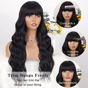 AISI QUEENS Black Wig with Bangs, Long Black Wavy Wigs for Women Synthetic Wigs Natural Black Curly Hair Wig for Girls Daily Party Use