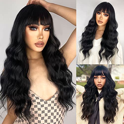 AISI QUEENS Black Wig with Bangs, Long Black Wavy Wigs for Women Synthetic Wigs Natural Black Curly Hair Wig for Girls Daily Party Use