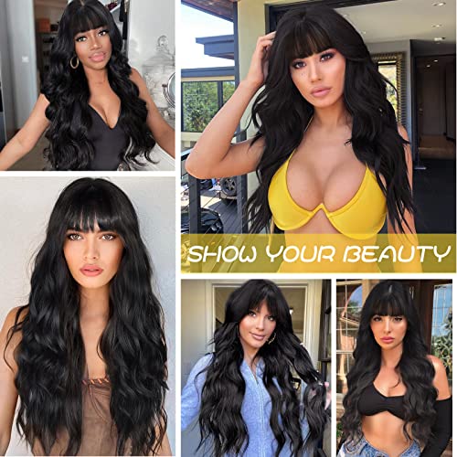 AISI QUEENS Black Wig with Bangs, Long Black Wavy Wigs for Women Synthetic Wigs Natural Black Curly Hair Wig for Girls Daily Party Use