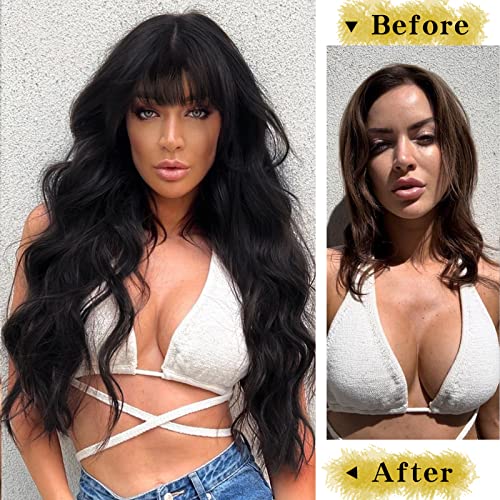 AISI QUEENS Black Wig with Bangs, Long Black Wavy Wigs for Women Synthetic Wigs Natural Black Curly Hair Wig for Girls Daily Party Use