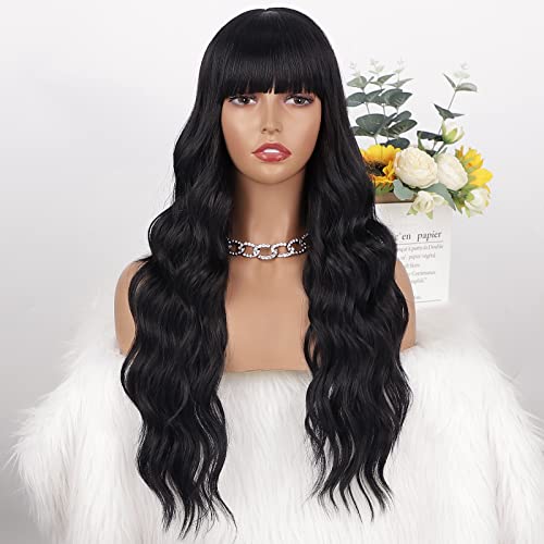 AISI QUEENS Black Wig with Bangs, Long Black Wavy Wigs for Women Synthetic Wigs Natural Black Curly Hair Wig for Girls Daily Party Use