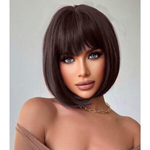 phoenixfly short dark red bob wig with bangs -12 inch natural fashion bob wigs for women, cute colored synthetic wig for daily party halloween (dark red,99j)