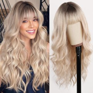 orsuncer blonde wig with bangs long wavy curly ombre blonde wig natural looking synthetic heat resistant hair wigs for daily party wig 26 inches