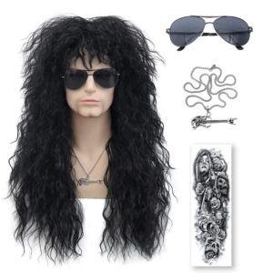 mupul men's 80's style glam rock-rocker long 26inch black water wave hair wig perfect for halloween cosplay costume party wigs rock curly wig (black-1)