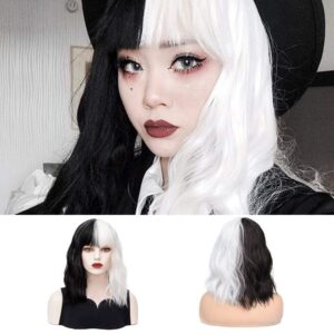 black white wig with bangs short curly wavy bob wigs synthetic cosplay costume halloween party wigs for women