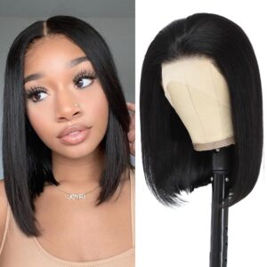 bob wig human hair 13x4 hd lace front wig 180 density glueless pre plucked with baby hair short bob wigs for women (12 inch, natural color)