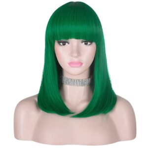 amzcos 15 inch short straight green bob wig with bangs | natural heat resistant synthetic hair for women