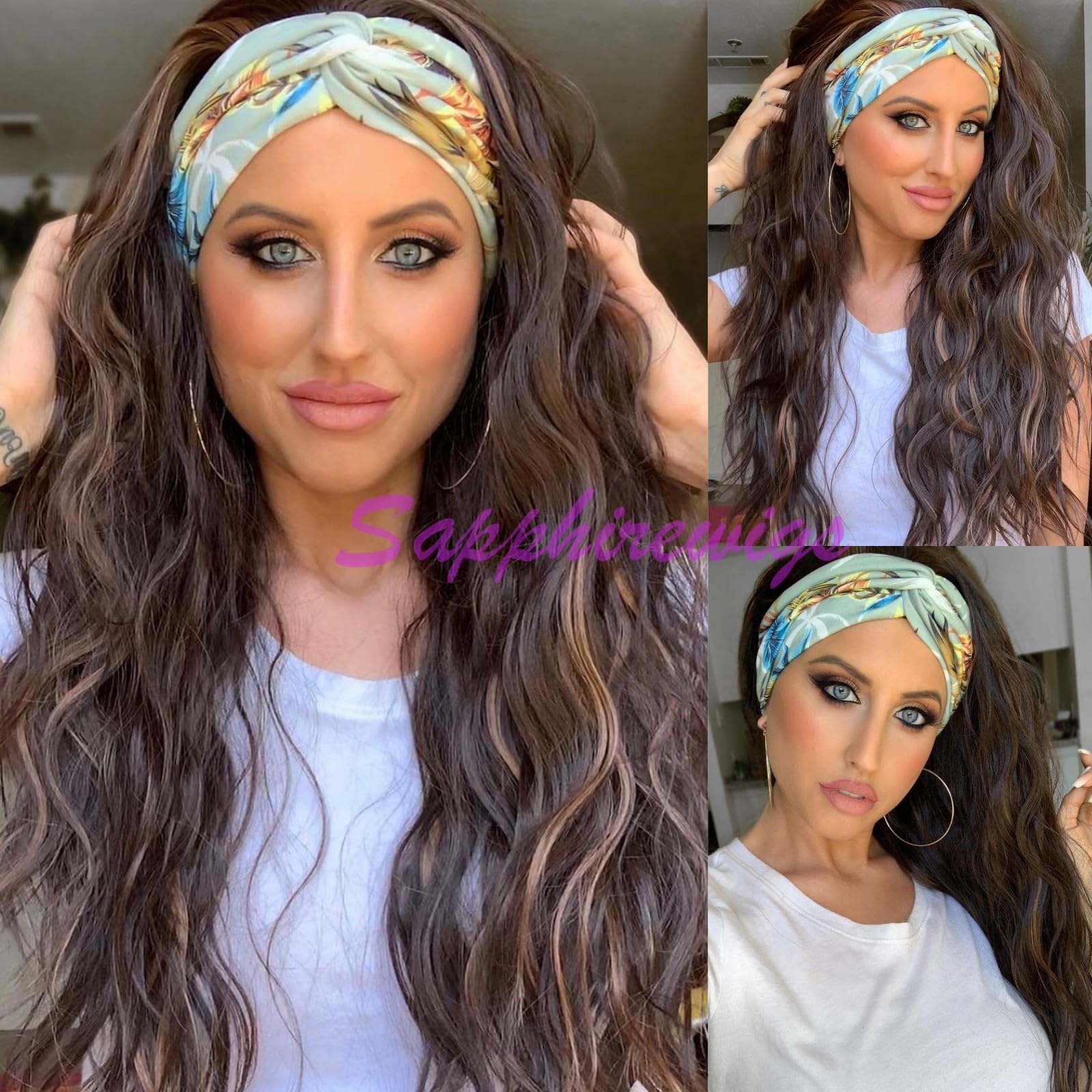 SAPPHIREWIGS Headband Wig Loose Body Wavy Glueless Synthetic Hair Wigs for Black Women Wave None Lace Front Wigs Mix Brown Color Headband Wigs 150% Density 26inches