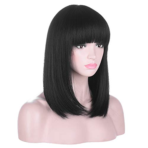 AMZCOS 15 Inch Short Straight Black Bob Wig with Bangs | Natural Heat Resistant Synthetic Hair for Women