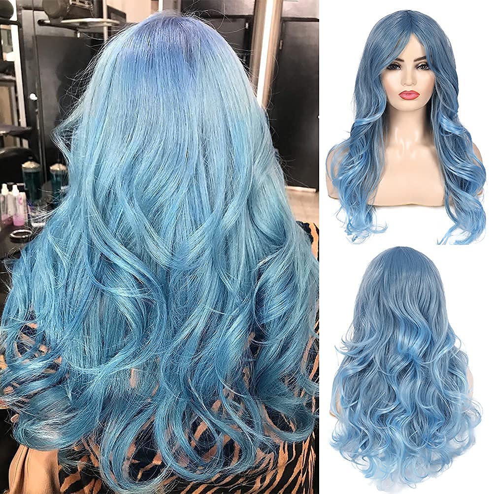 Beweig Blue Wig for Women Long Curly Wavy Pastel Blue Wig Side Part Synthetic Halloween Cosplay Wig with Wig Cap …