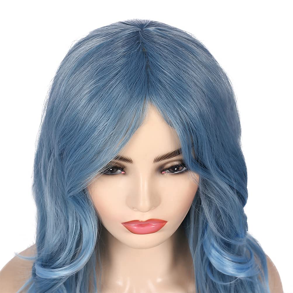 Beweig Blue Wig for Women Long Curly Wavy Pastel Blue Wig Side Part Synthetic Halloween Cosplay Wig with Wig Cap …